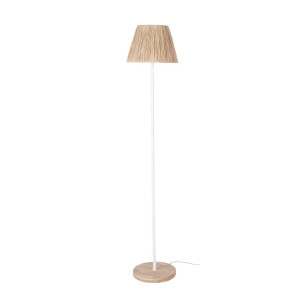 Staande lamp met houten en metalen voet en beige lampenkap van raffia ...